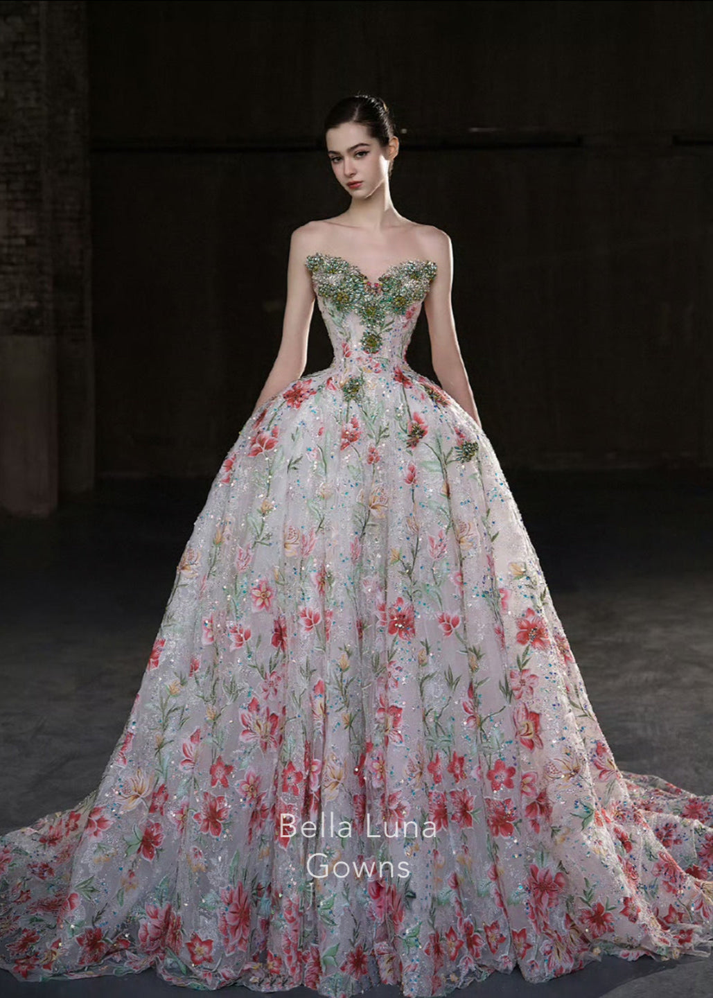 Floral Ball Gown with Crystals and 3D Embroidery for Weddings